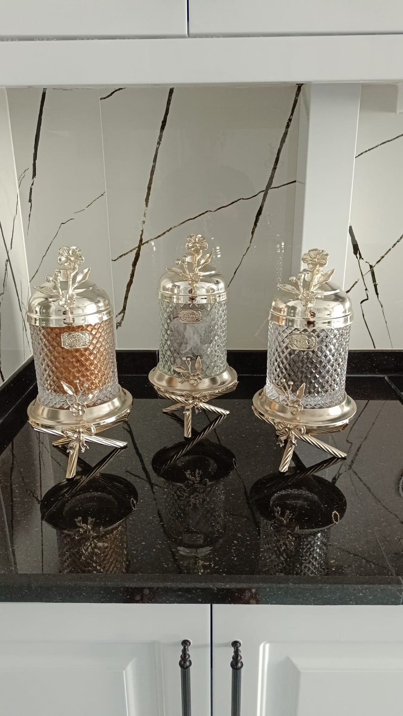 Set of 3 Glass Silver Canister Set, Metal Enamel Coated, Set, Metal ...