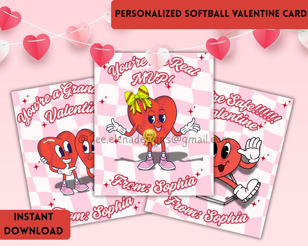 Softball Valentine Cards | Retro Heart, Personalized Classroom Gift ...