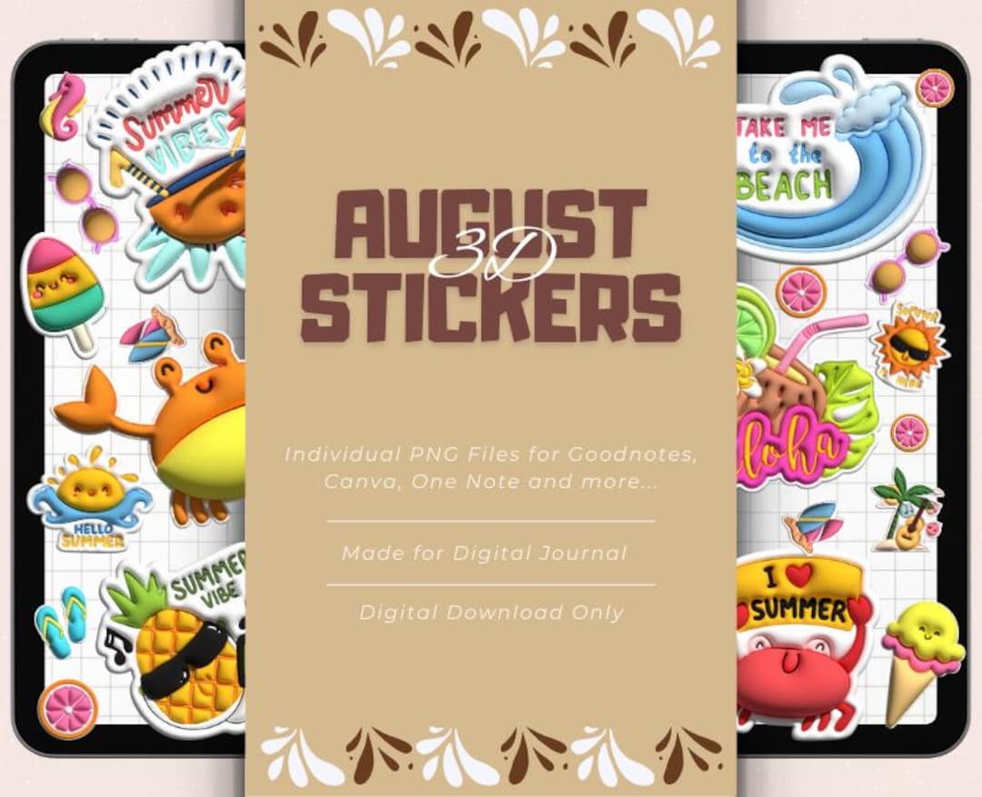3D Monthly Sticker Pack for August, Monthly or Daily Planner Stickers ...