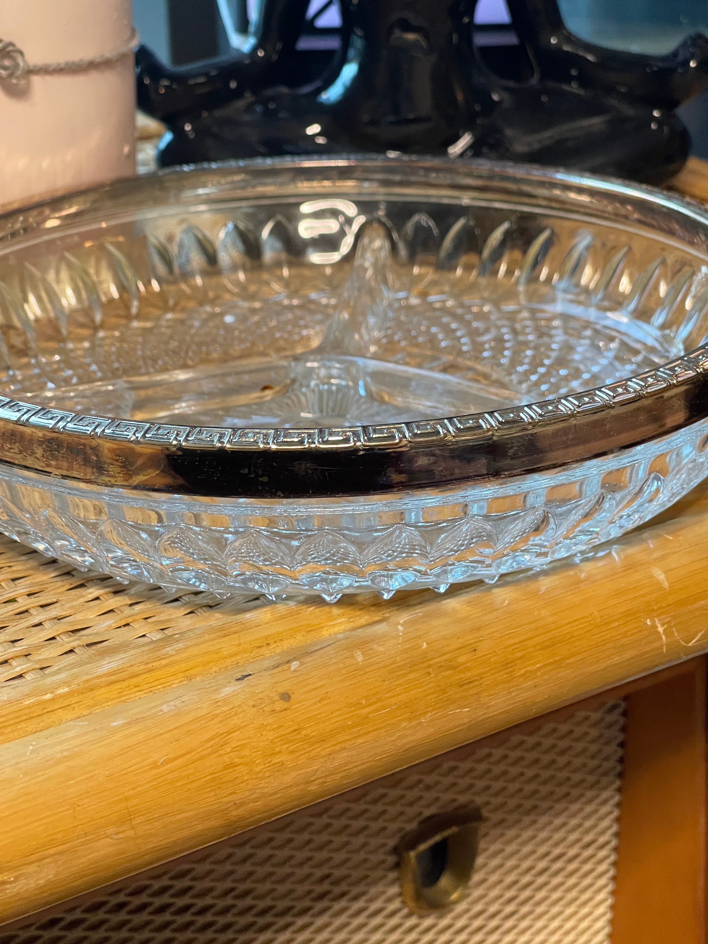 Vintage Lead Crystal Three Sectioned Shallow Serving Bowl With Etched ...