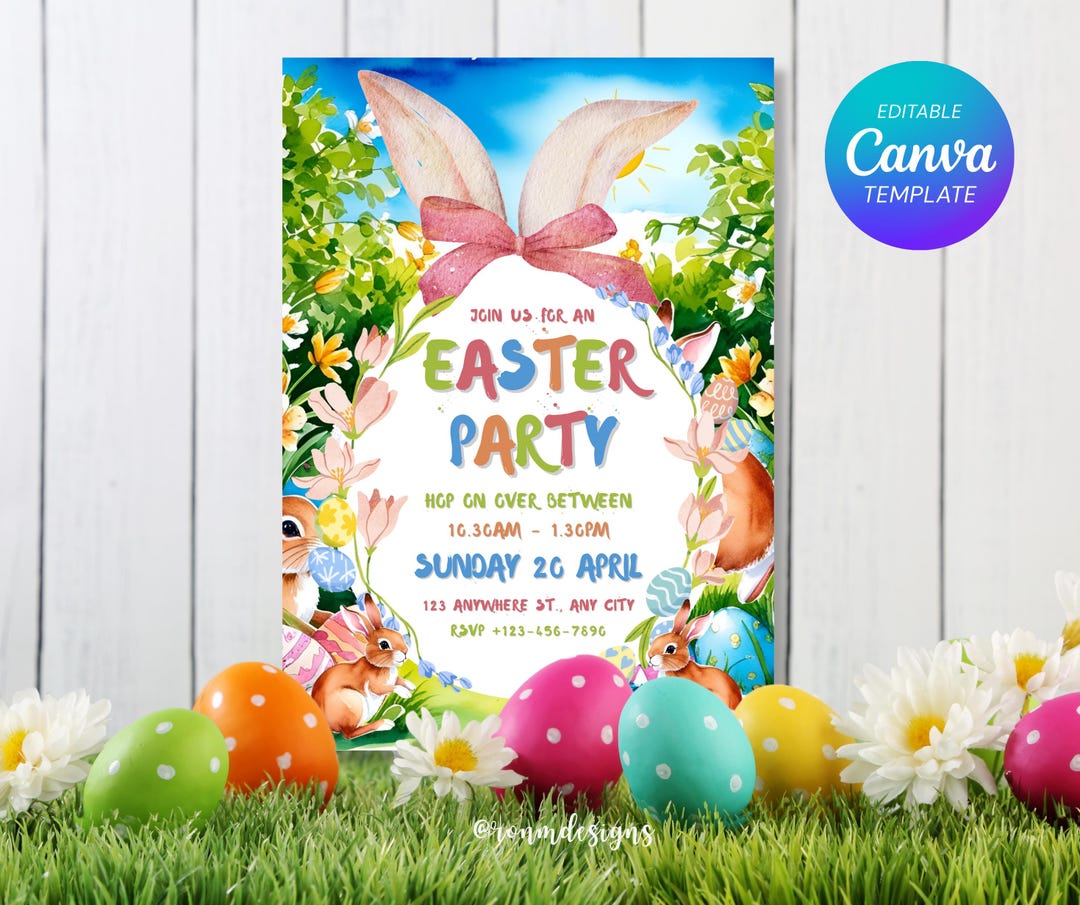 Easter Party Invitation Card, Watercolor Easter Bunny Invitation ...