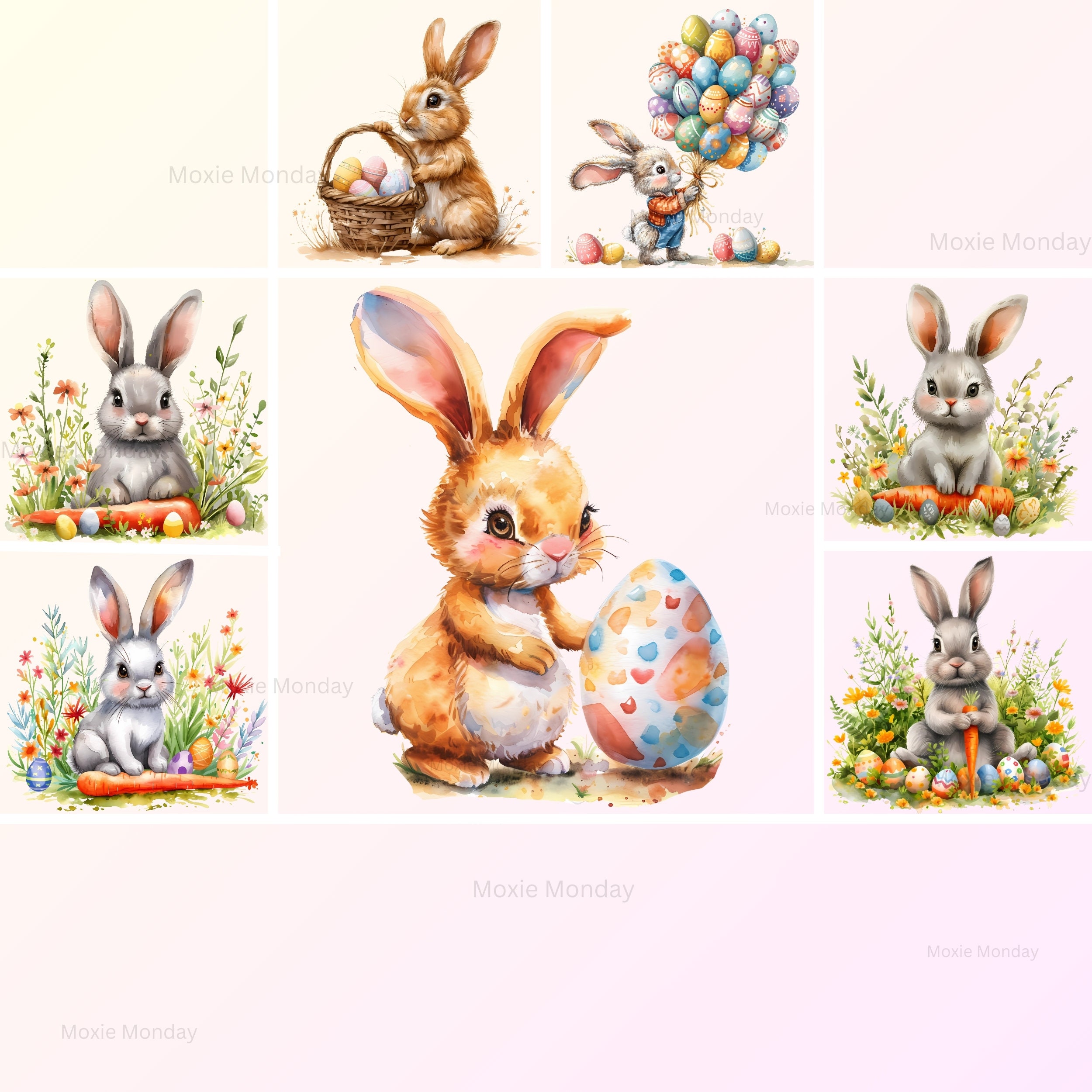 20 Easter Bunny Watercolor Clipart, Easter Egg, Spring Rabbit & Easter ...