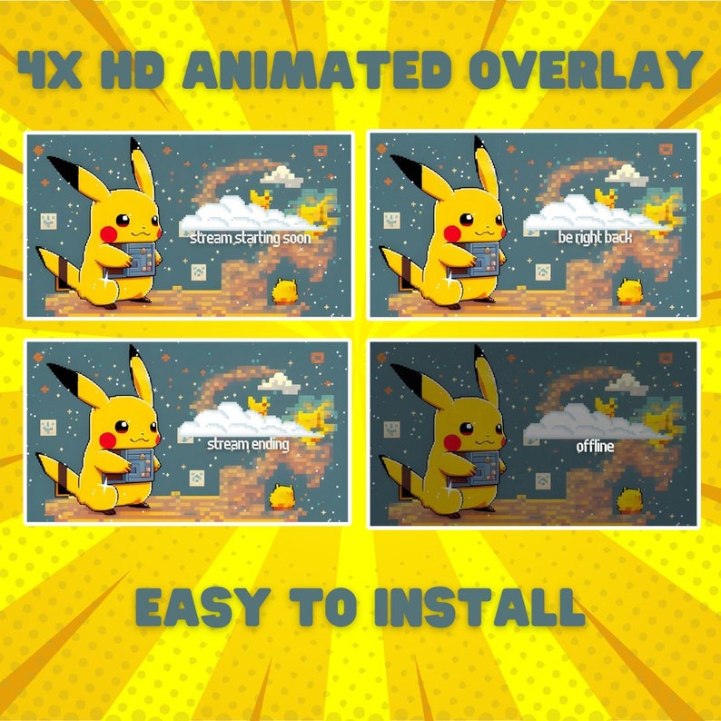 4x Animated Anime Twitch Streams - Pikachu Pixel, Pokemon Overlay ...