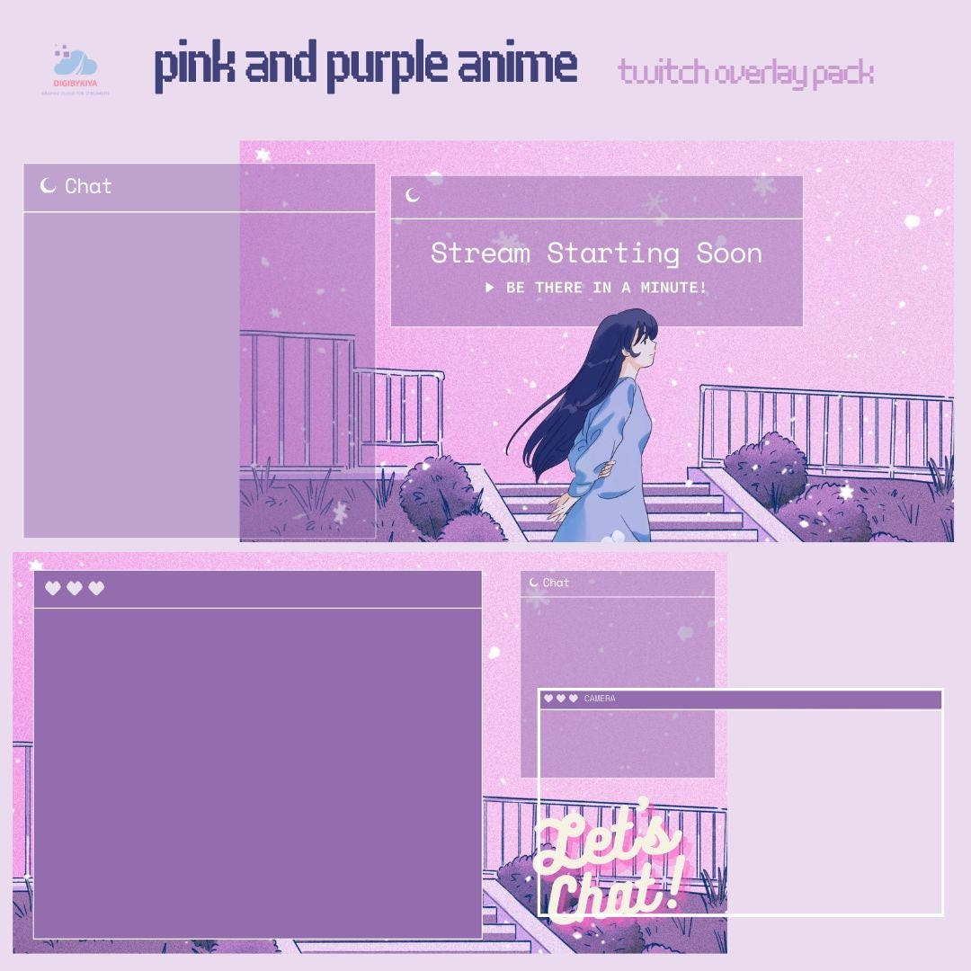 Animated Stream Pack Overlay Anime Pink Purple Twitch Streaming Package ...