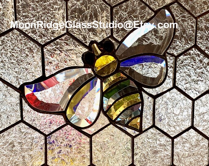 Stained Glass Window Hanging Panel Bee Honeycomb Bumblebee Honey ...