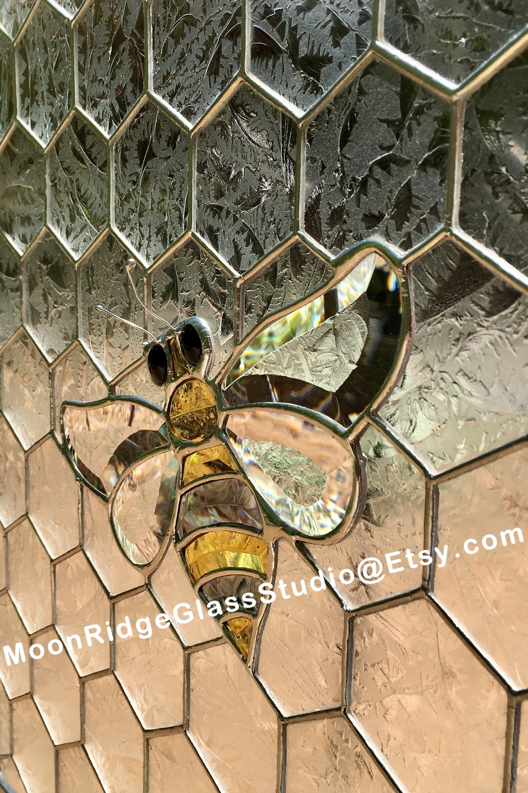 Stained Glass Window Hanging Panel Bee Honeycomb Bumblebee Honey ...