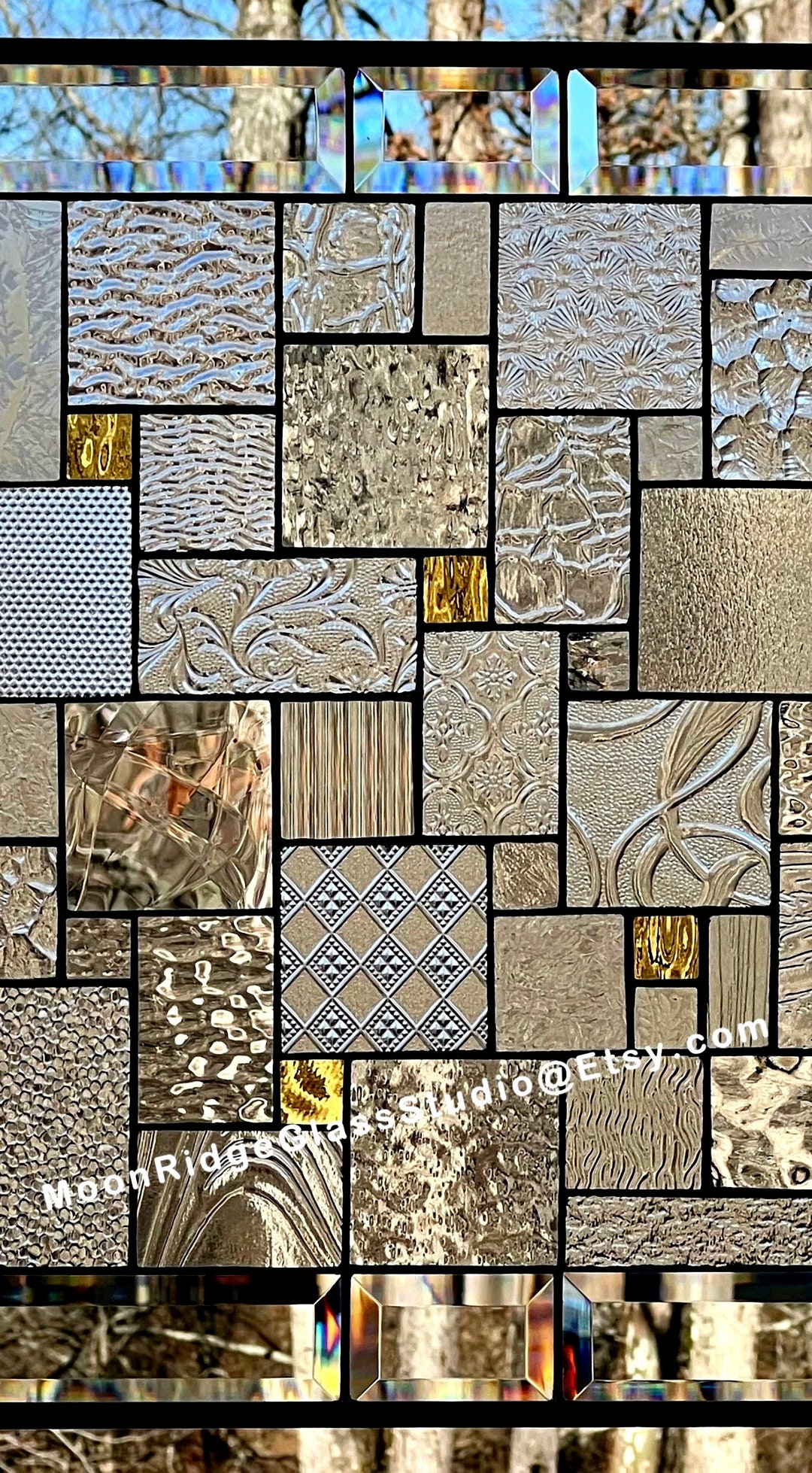 Stained Glass Window Hanging Panel Large Patchwork Clear Glass Amber ...