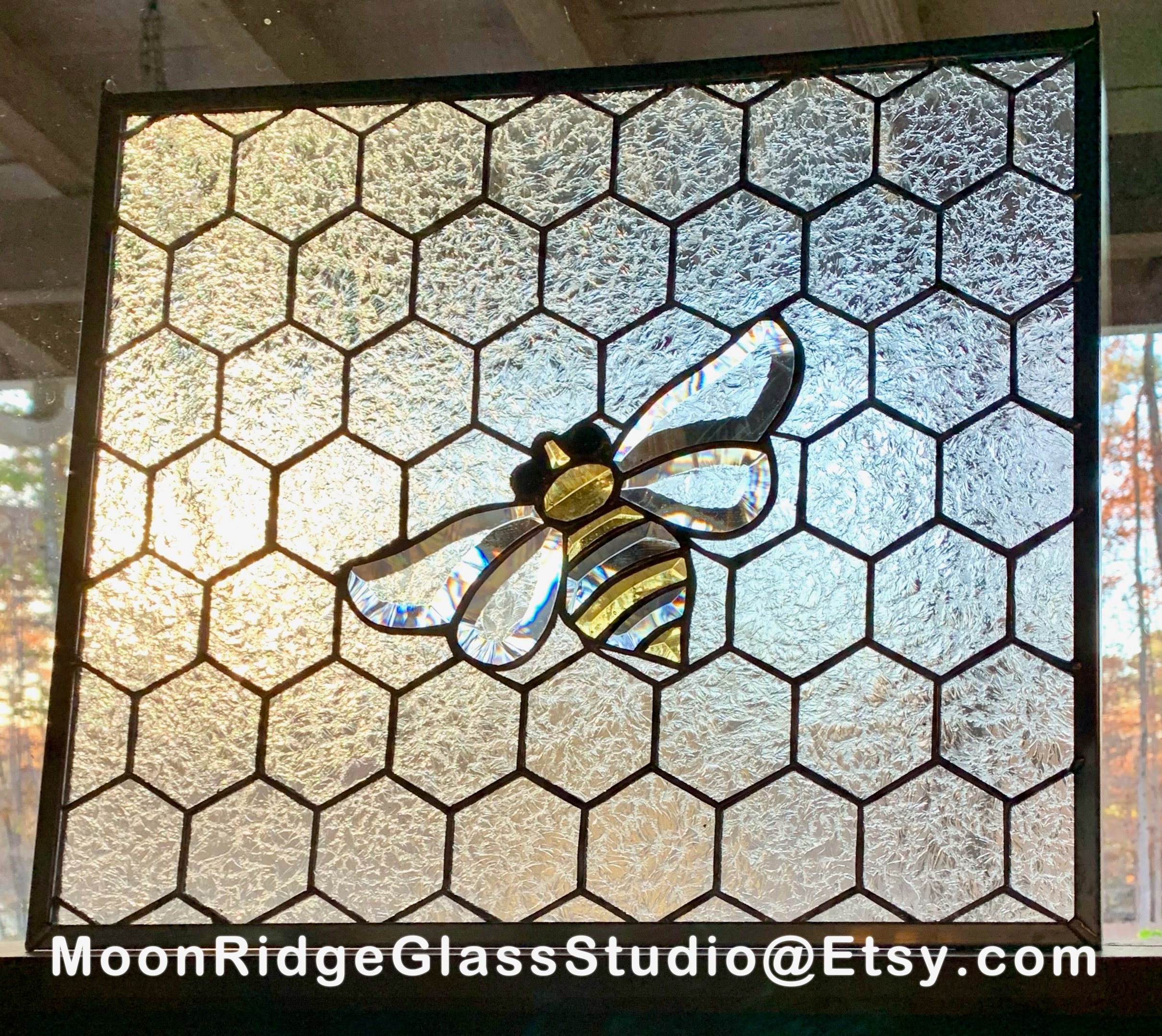 Bee Stained Glass Window Hanging Panel Honeycomb Clear Frosted Glass ...
