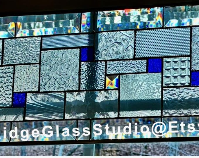 Stained Glass Window Hanging Panel Transom Patchwork 24” X 9” Clear ...