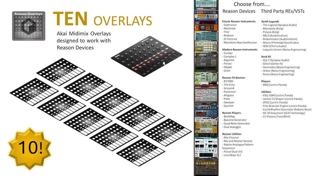 10 X Overlay for Akai Midimix. Choose Any 10 Reason Devices. Comes With Remote MIDI Mapping for ...