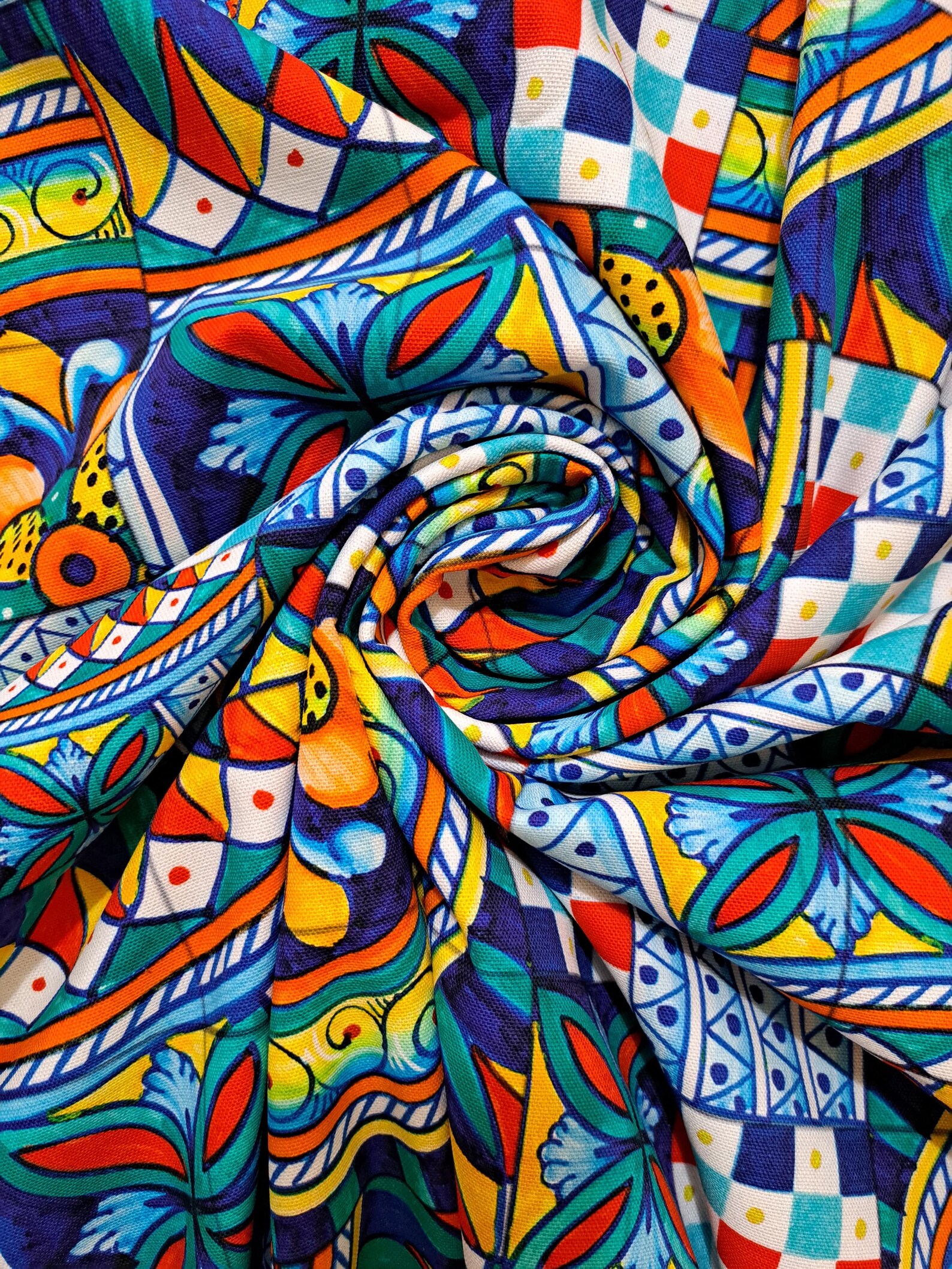 Sicilian Fabric, 280 Cm Width, With Sicilian Typical Tiles, 100% Cotton ...