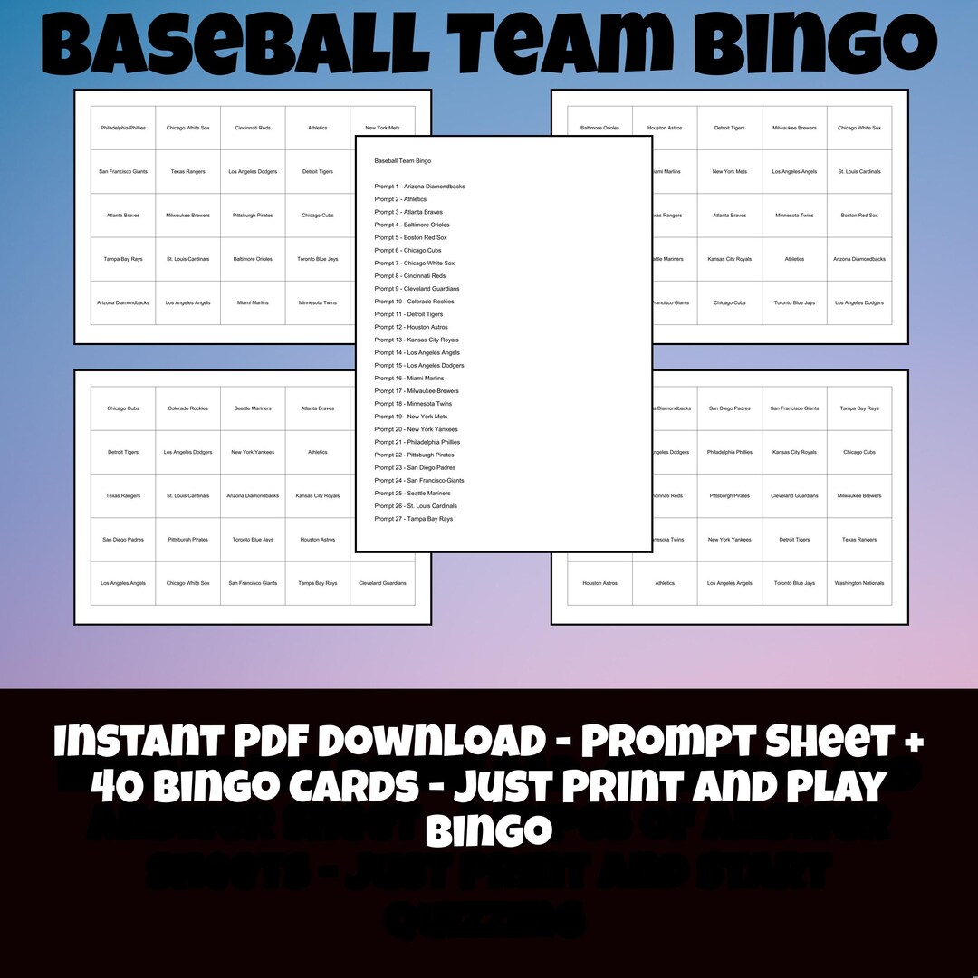 Printable Baseball Team Bingo Game With 40 Unique Bingo Cards - Etsy