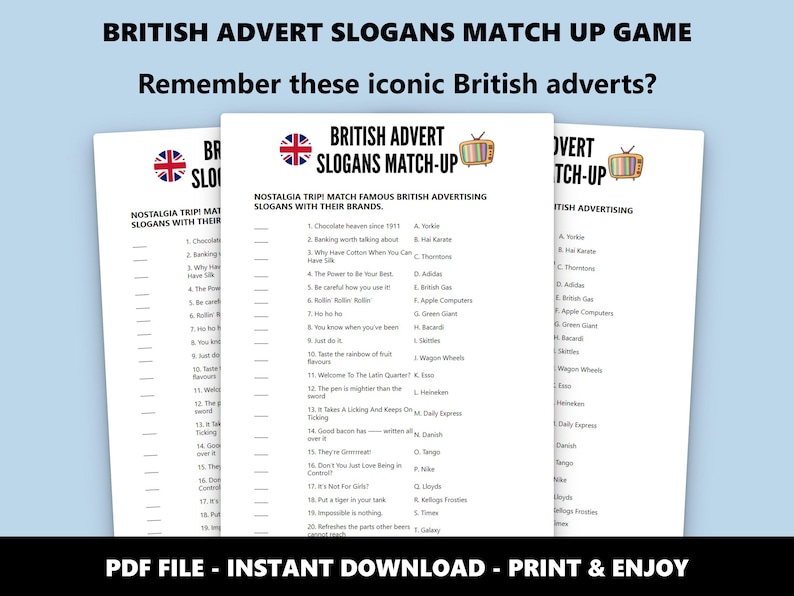 British Advert Slogans Match up Quiz: Nostalgia Marketing Game (instant ...