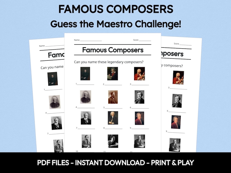 Famous Composers Picture Quiz: Printable Music Trivia Game (PDF ...