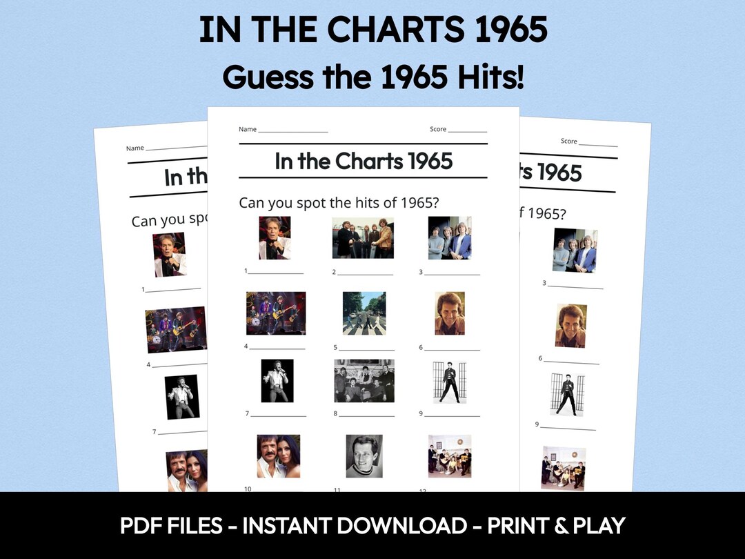 In the Charts 1965 Picture Quiz, Printable Music Trivia Game, 60s Party ...