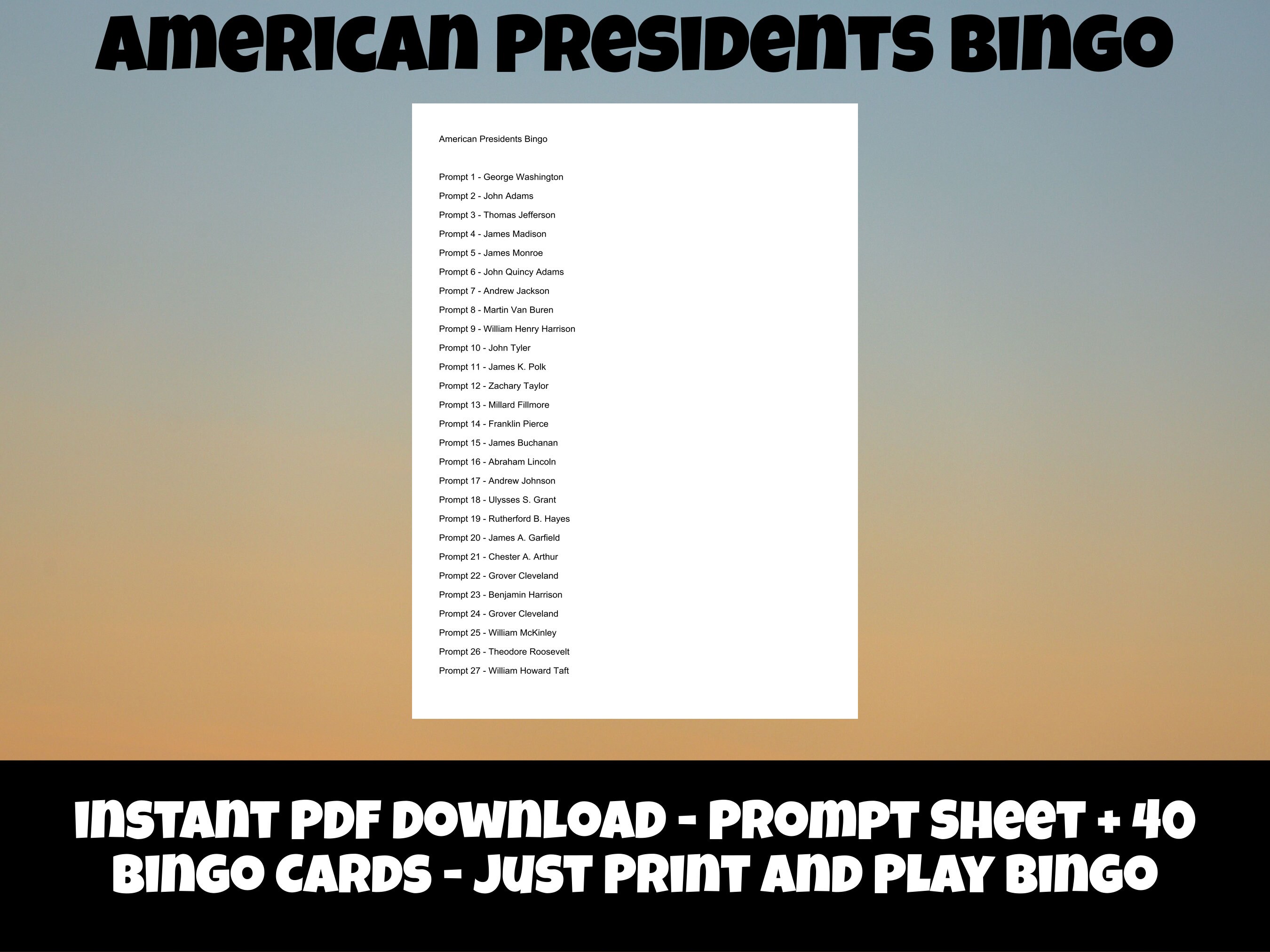 Printable American Presidents Bingo Game With 40 Unique Bingo Cards - Etsy