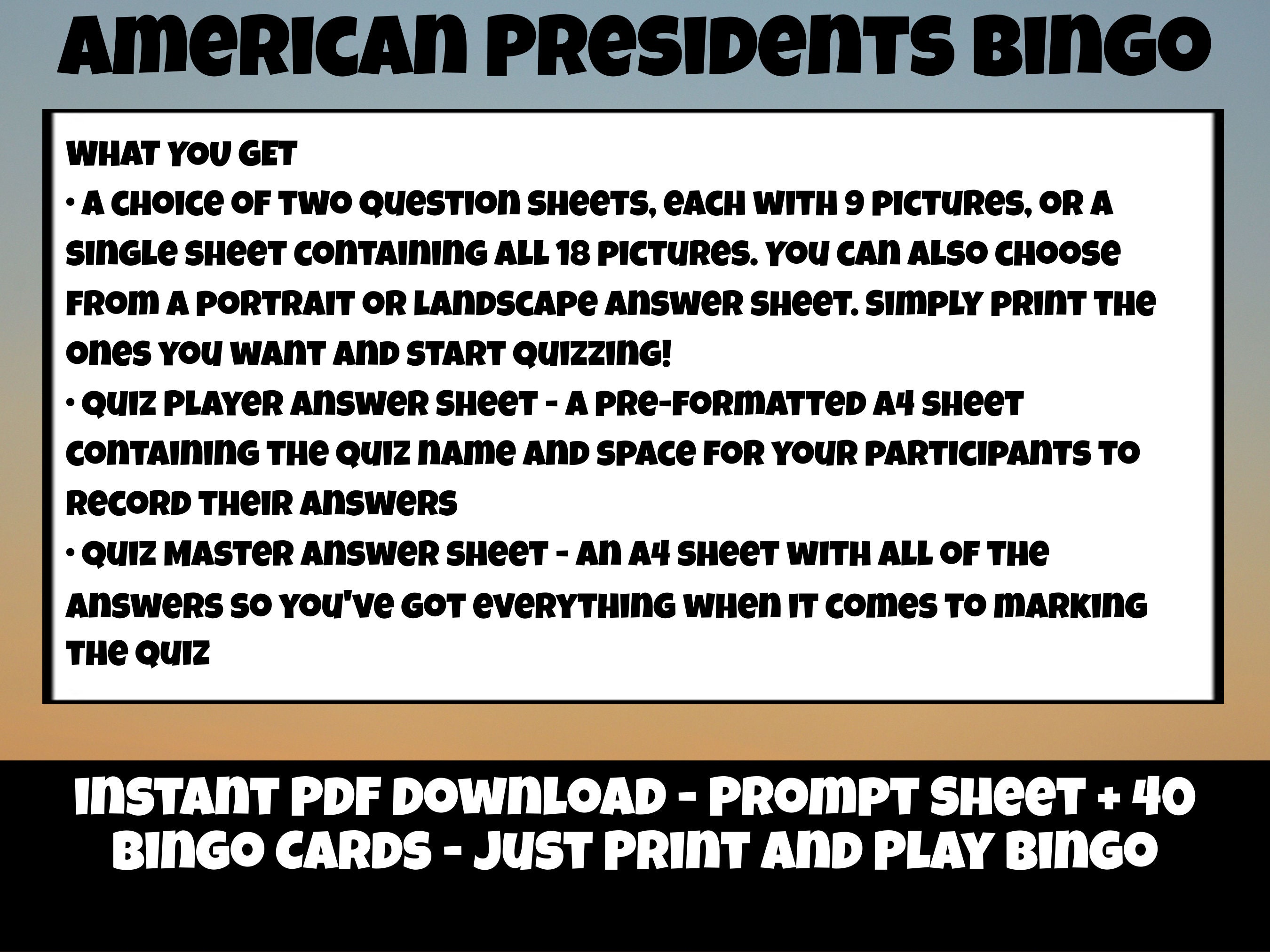 Printable American Presidents Bingo Game With 40 Unique Bingo Cards - Etsy
