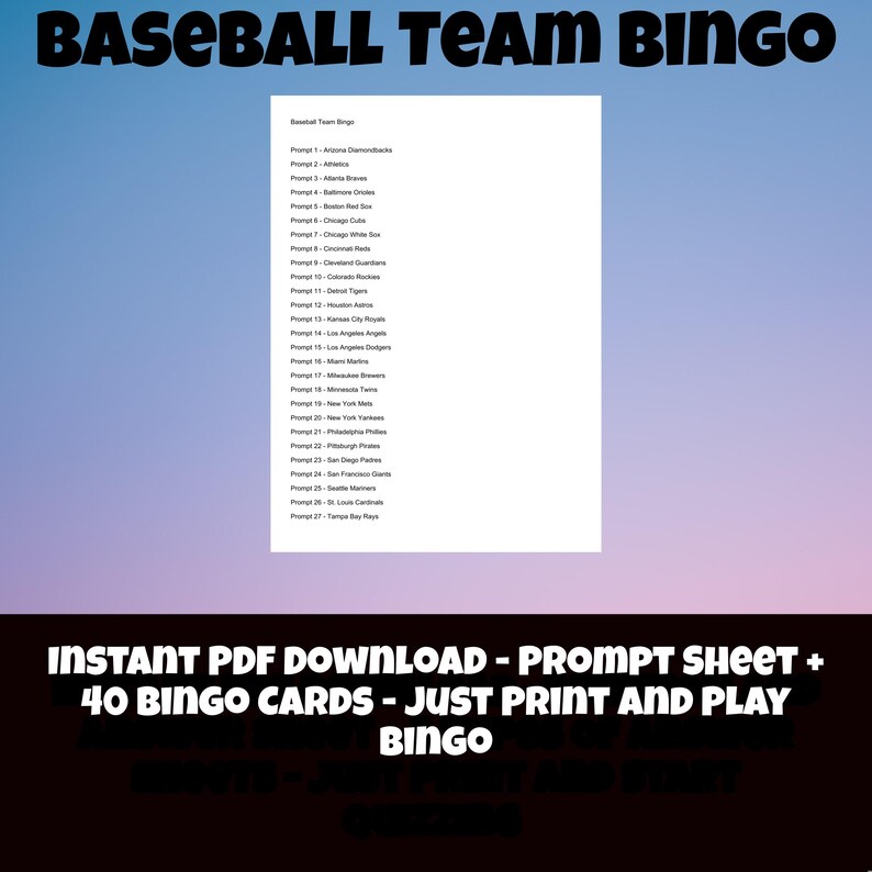 Printable Baseball Team Bingo Game With 40 Unique Bingo Cards - Etsy