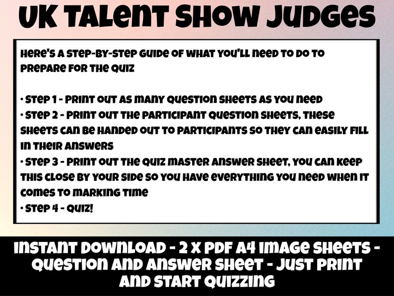 Printable UK Talent Show Judges Picture Quiz With Answers - Etsy