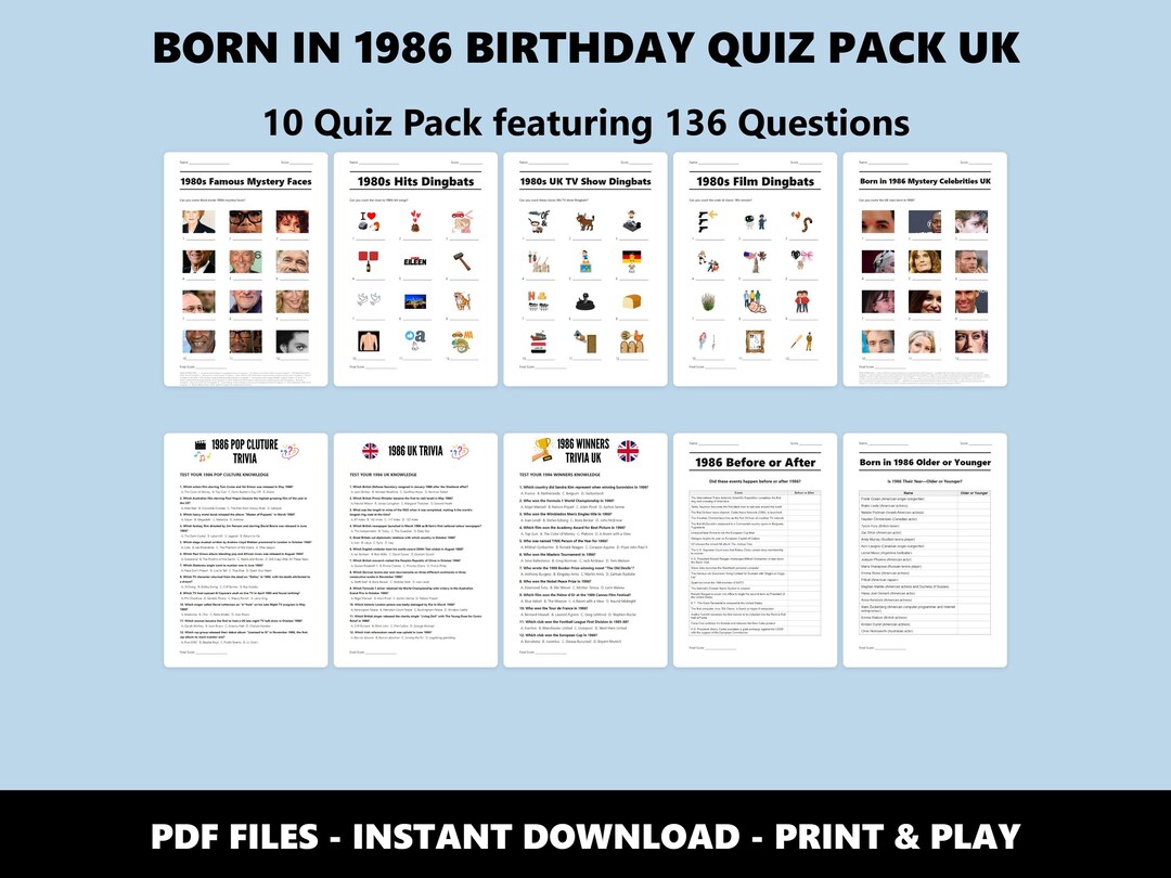 40th Birthday UK Quiz Pack: Born in 1986 Trivia Bundle (instant PDF ...