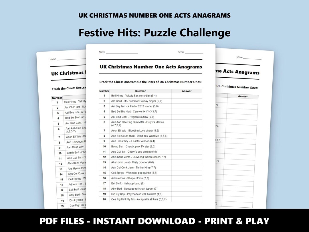 UK Christmas Number One Acts Anagrams Quiz: Fun Holiday Party Game for ...