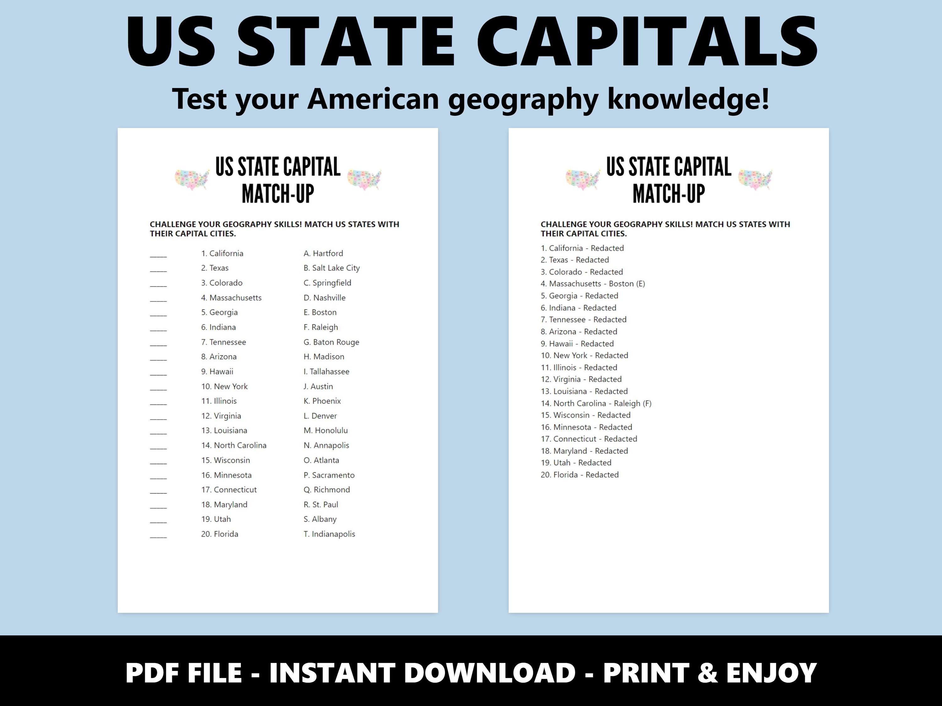 US State Capitals Match up Quiz: Educational Geography Game (instant ...