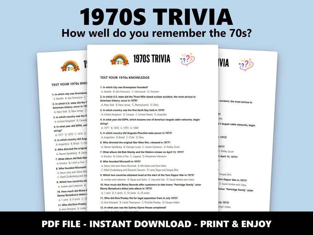 1970s Trivia Quiz: Multiple Choice 70s Decade History Quiz (instant ...