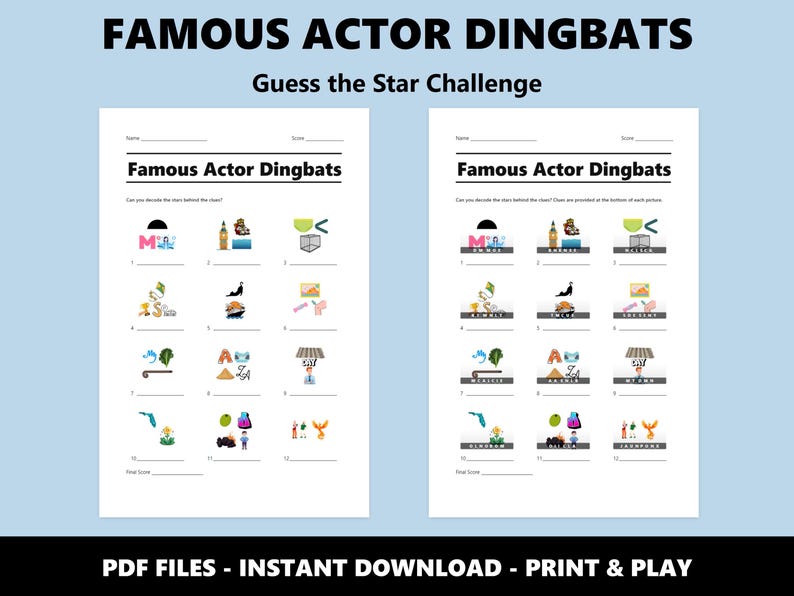 Famous Actor Dingbats Picture Quiz: Fun Celebrity Name Game for Parties ...