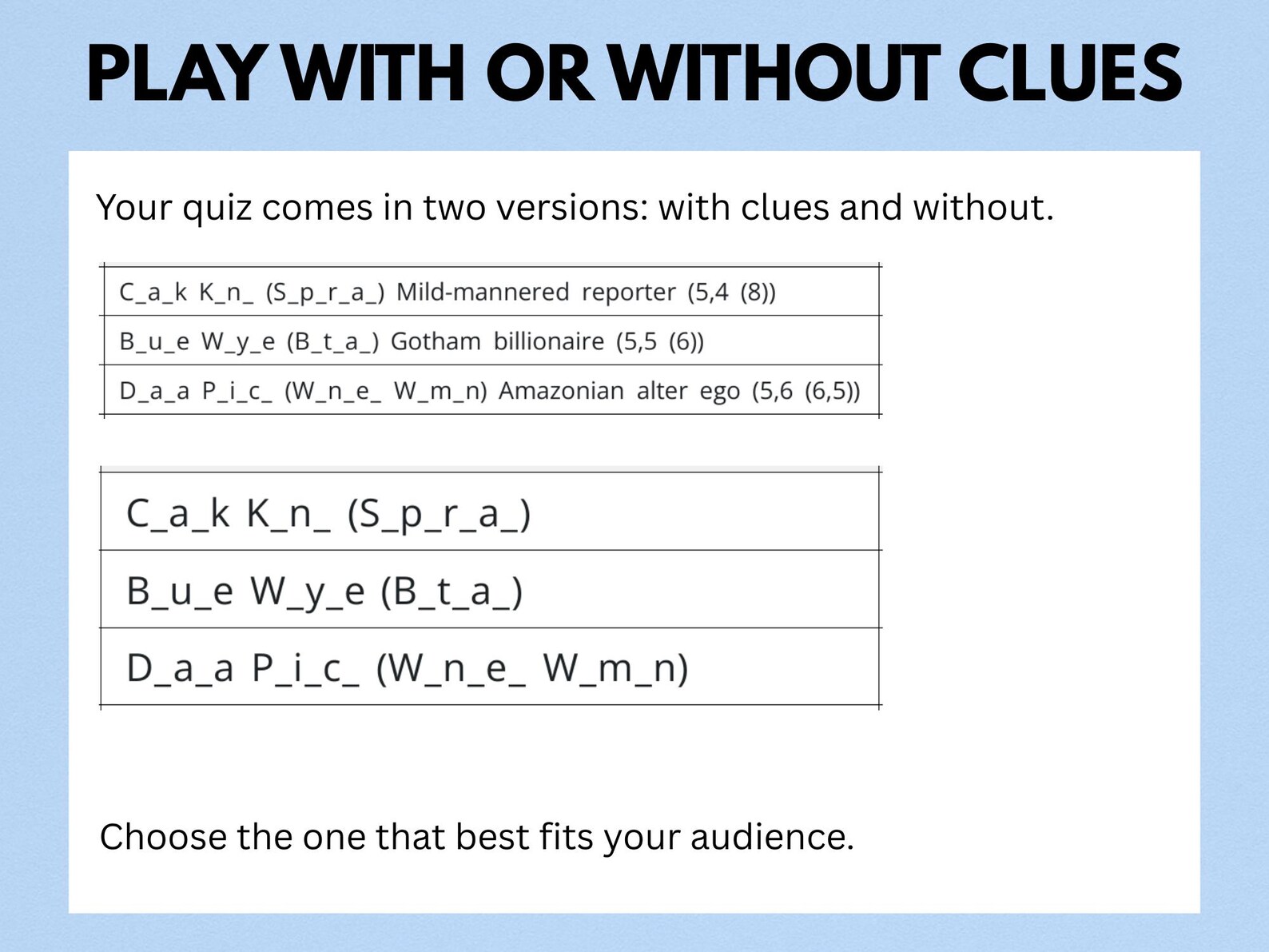 Superhero Trivia Quiz: Missing Letters Game, Comic Book Party ...