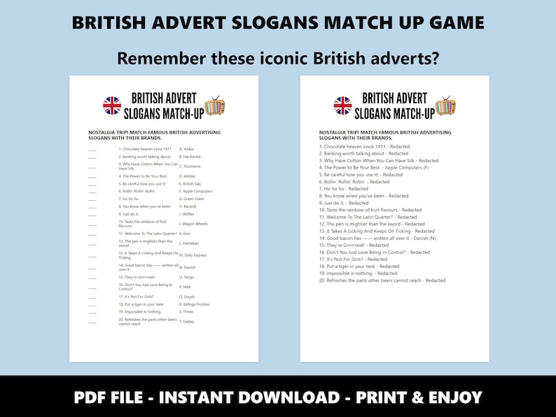 British Advert Slogans Match up Quiz: Nostalgia Marketing Game (instant ...