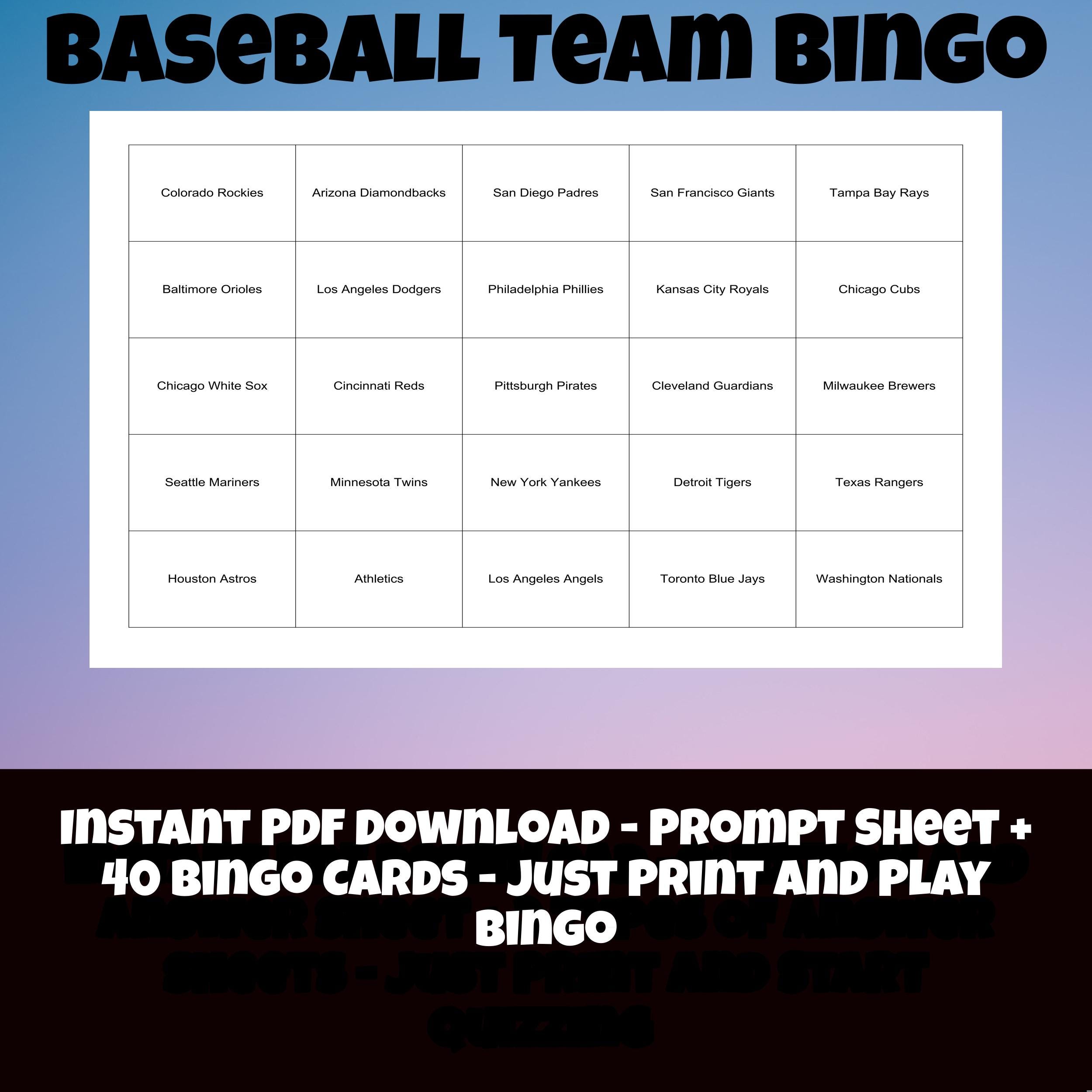 Printable Baseball Team Bingo Game With 40 Unique Bingo Cards - Etsy