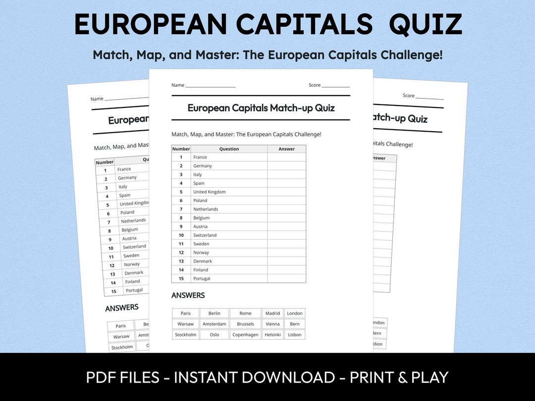 European Capitals Quiz: Printable Trivia Game for Family Night (instant ...