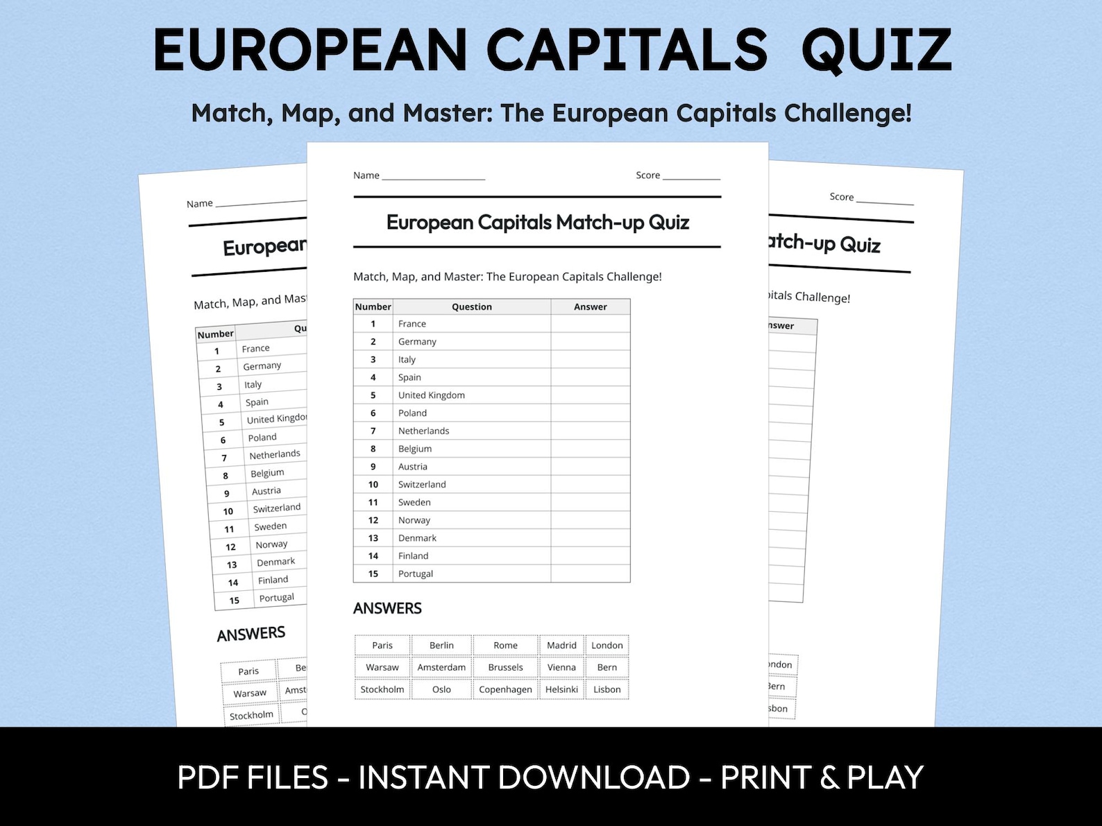 European Capitals Quiz: Printable Trivia Game for Family Night (instant ...