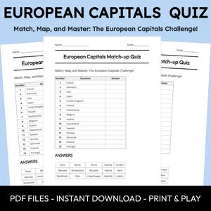European Capitals Quiz: Printable Trivia Game for Family Night (instant ...