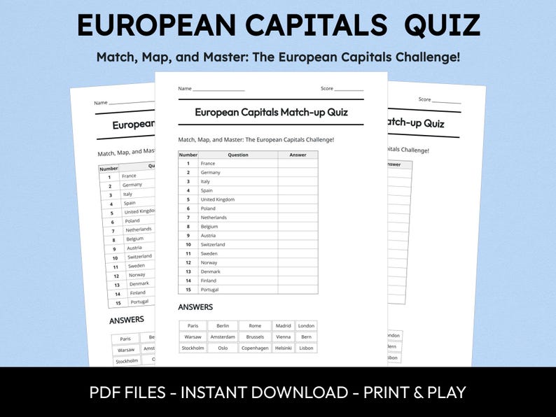 European Capitals Quiz: Printable Trivia Game for Family Night (instant ...