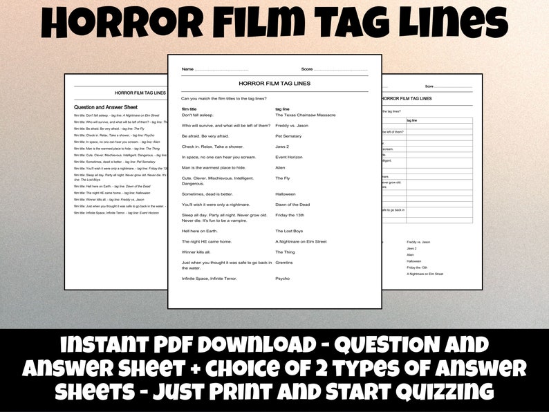 Printable Horror Film Tag Lines Match-up Quiz With Answers - Etsy
