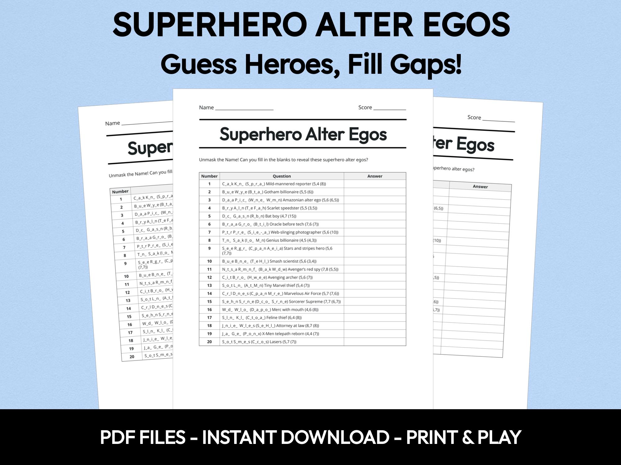 Superhero Trivia Quiz: Missing Letters Game, Comic Book Party ...