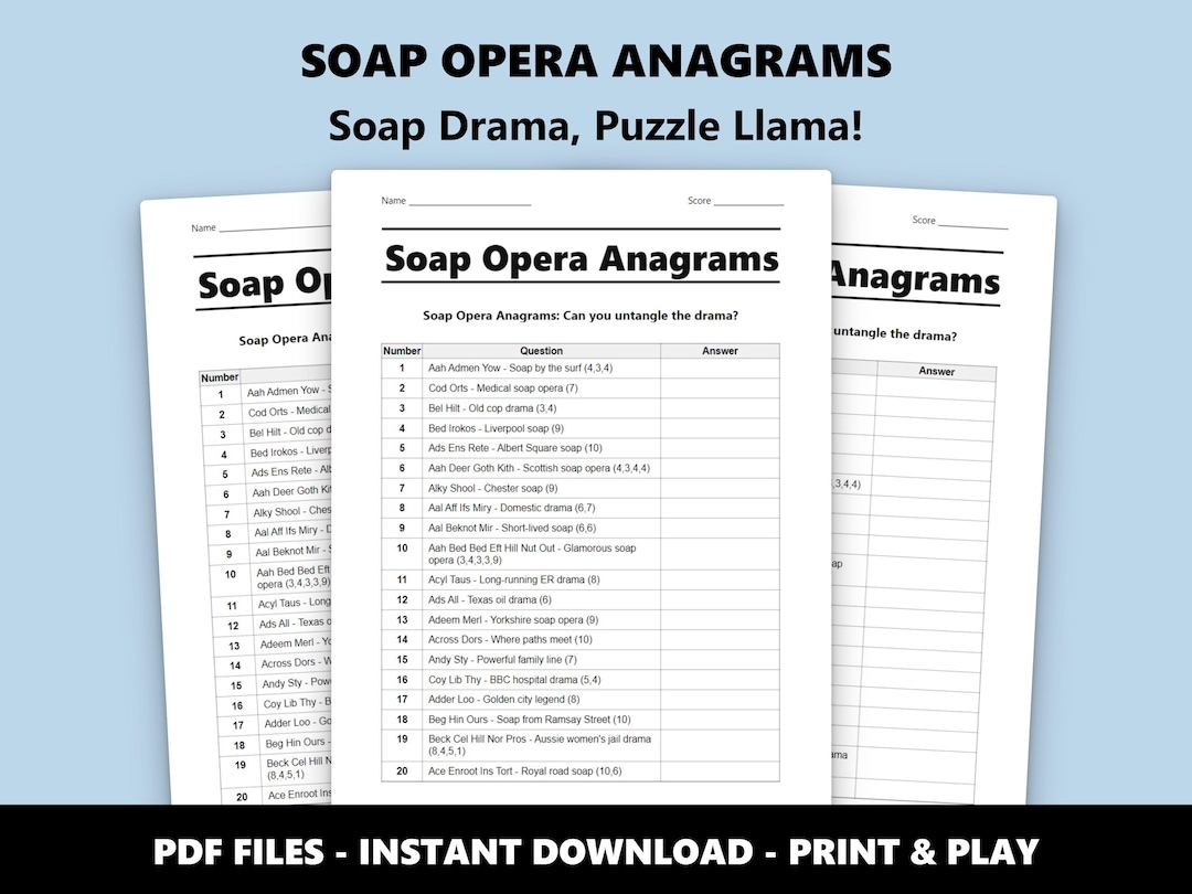 Soap Opera Anagrams Anagram Quiz: Fun Printable Trivia Game for Parties ...