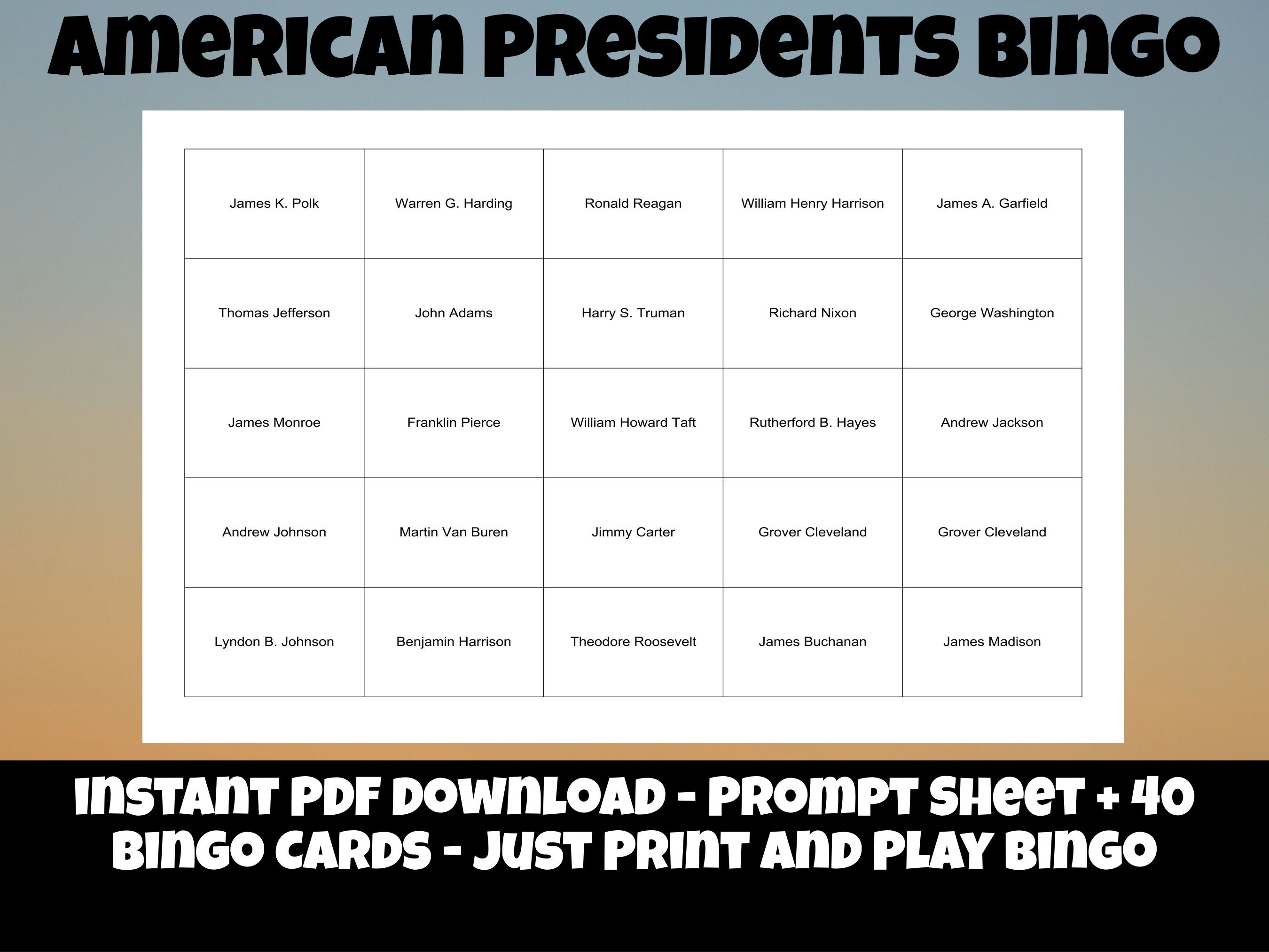 Printable American Presidents Bingo Game With 40 Unique Bingo Cards - Etsy