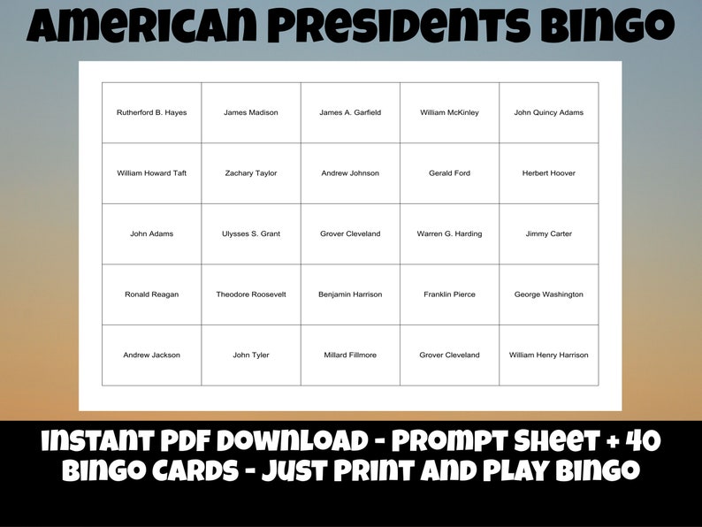 Printable American Presidents Bingo Game With 40 Unique Bingo Cards - Etsy