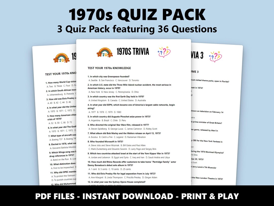 1970s Quiz Pack Bundle Quiz Quiz: Trivia Night Questions for Parties ...