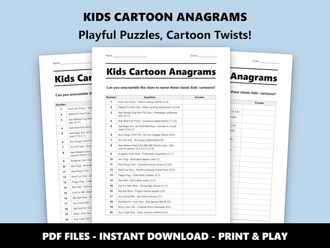 Kids Cartoon Anagrams Quiz: Fun Printable Game for Parties and ...
