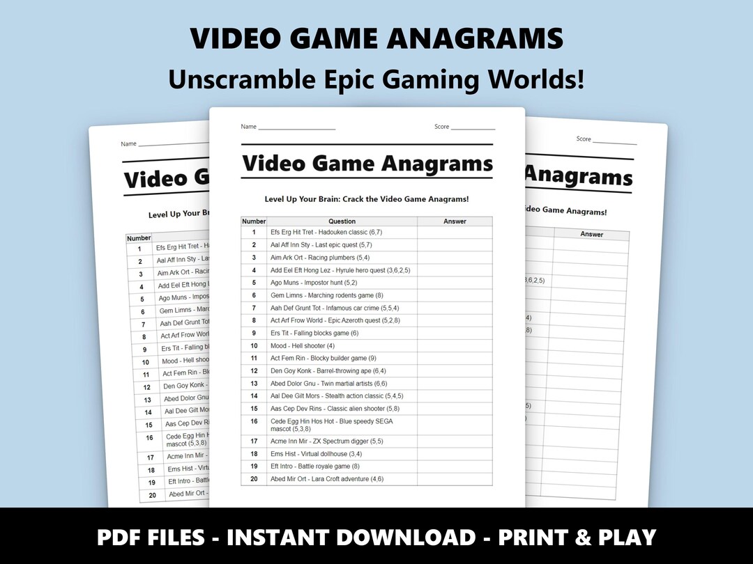 Video Game Anagrams Quiz: Fun Printable Trivia Challenge Game Night ...