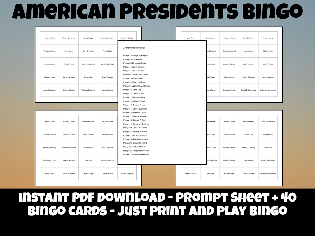 Printable American Presidents Bingo Game With 40 Unique Bingo Cards - Etsy