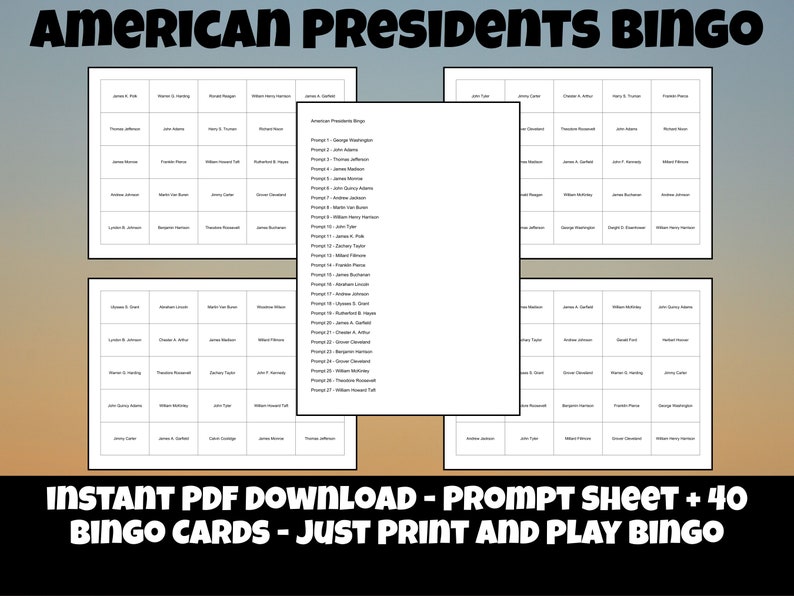Printable American Presidents Bingo Game With 40 Unique Bingo Cards - Etsy