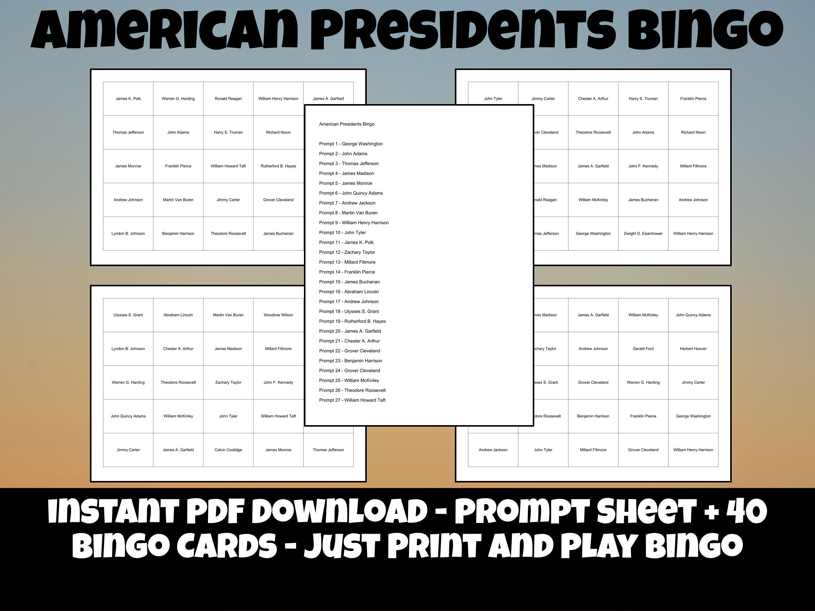 Printable American Presidents Bingo Game With 40 Unique Bingo Cards - Etsy