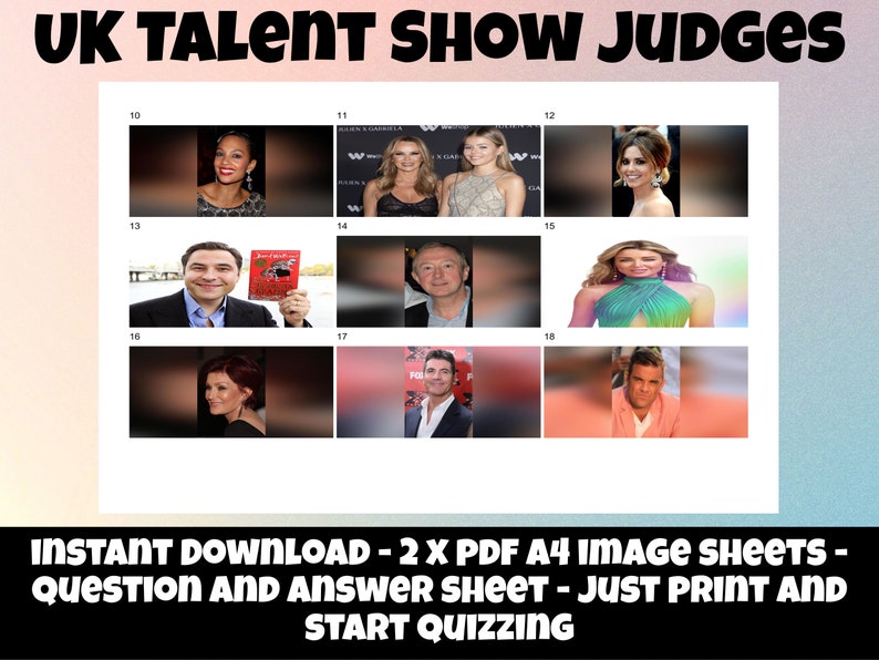 Printable UK Talent Show Judges Picture Quiz With Answers - Etsy
