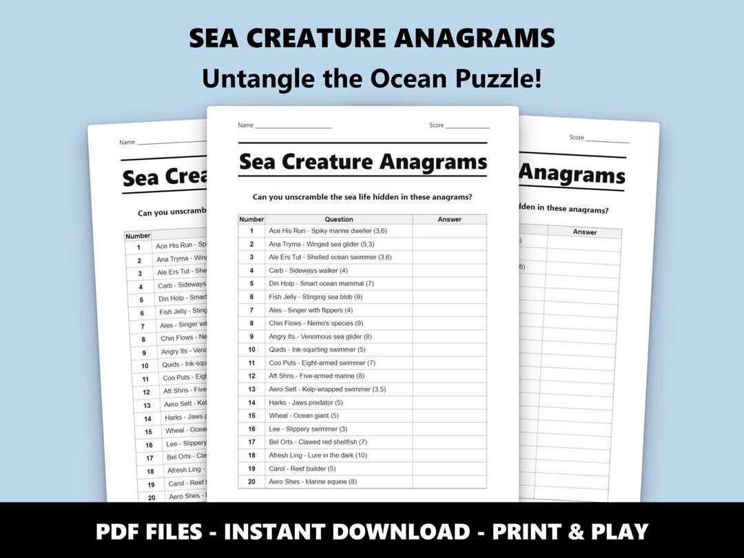Sea Creature Anagrams Quiz: Fun Ocean Animal Puzzle Game for Kids and ...