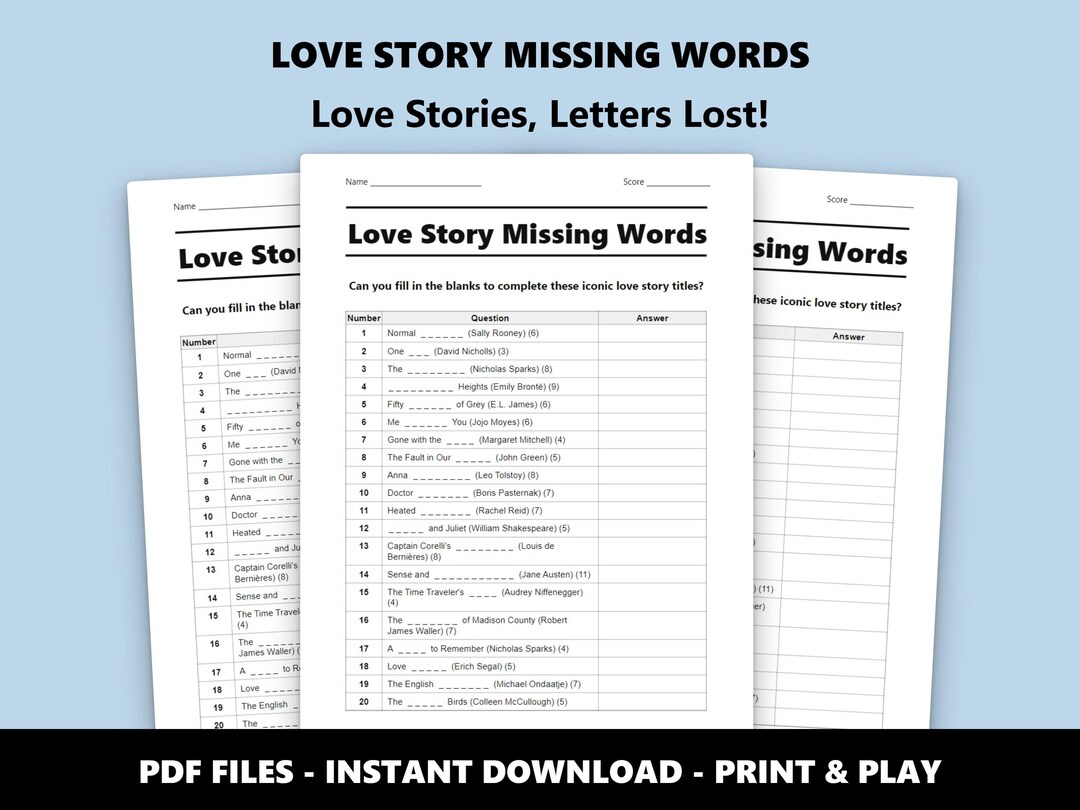Love Story Trivia Quiz: Missing Words Game (instant PDF Download) - Etsy