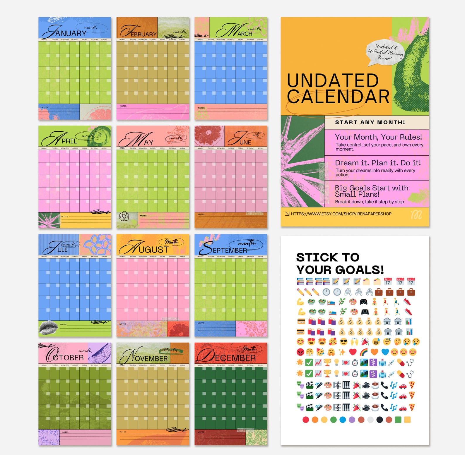Undated Wall Calendar With Stickers Plan Your Goals in Style Start Any ...